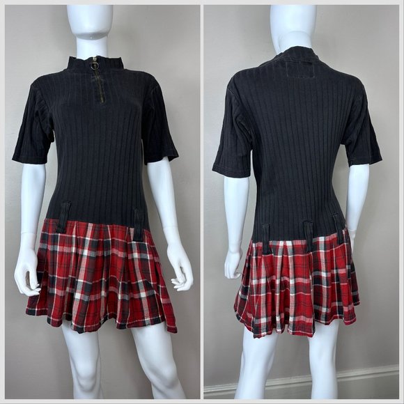 Ultra Pink | Dresses | Vintage 99s Red Plaid And Black Rib Knit Mini ...